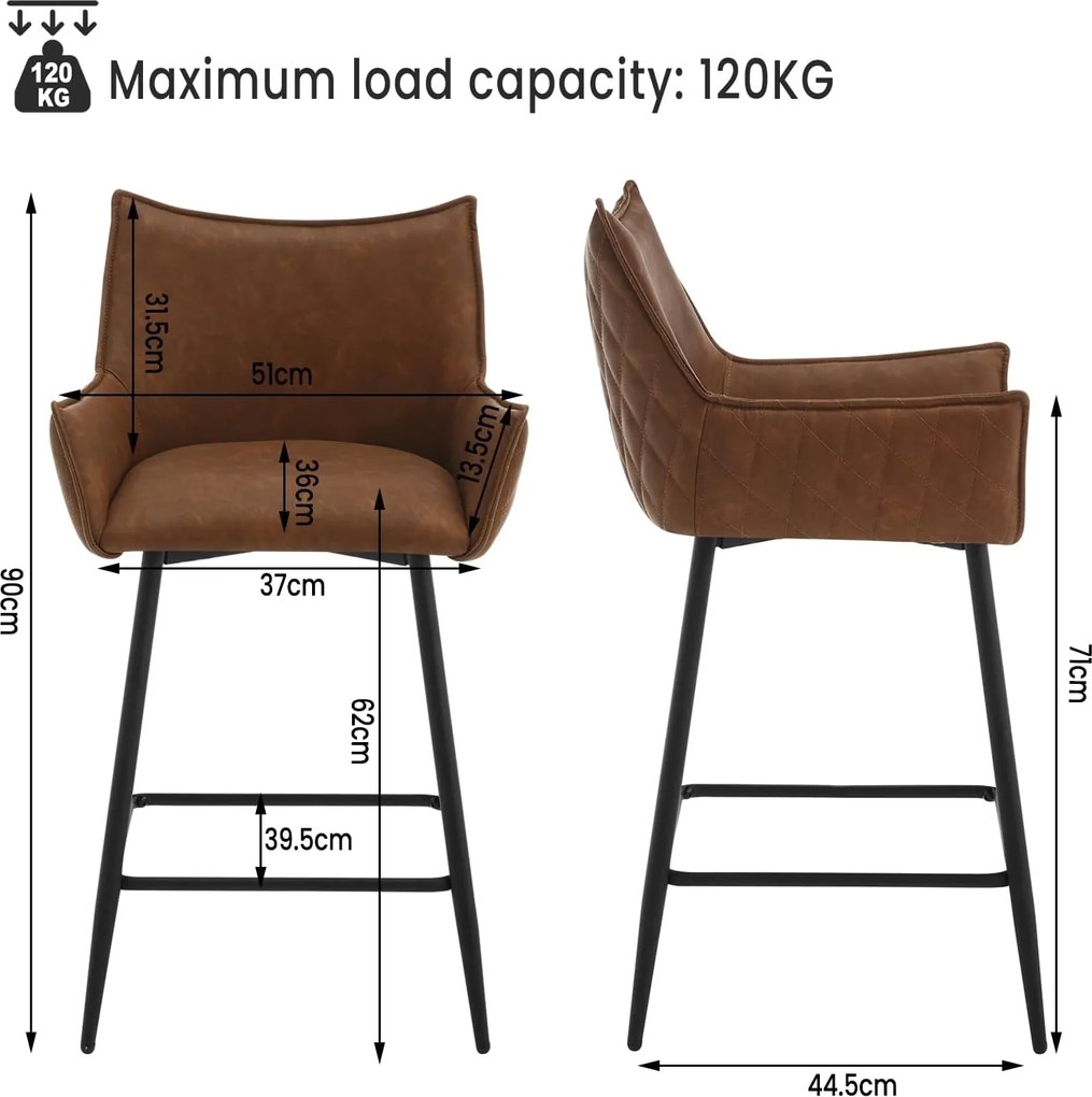 WOLTU Barové židle s opěradlem a područkami – sada 2 ks, umělá kůže, hnědé