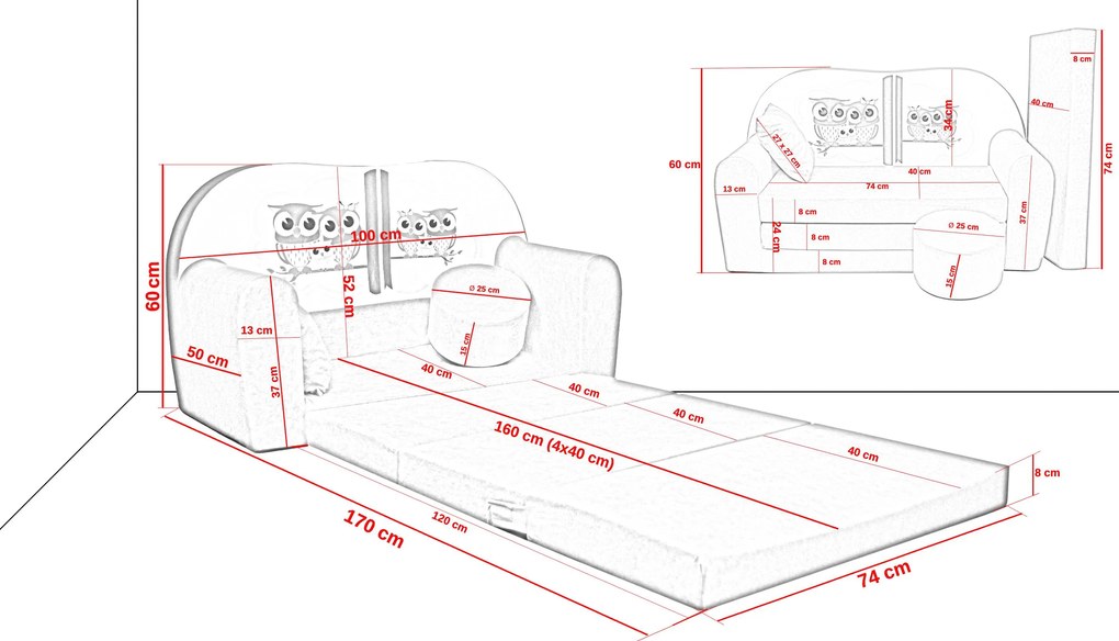 Dětská rozkládací pohovka + taburet Puntíky šedá