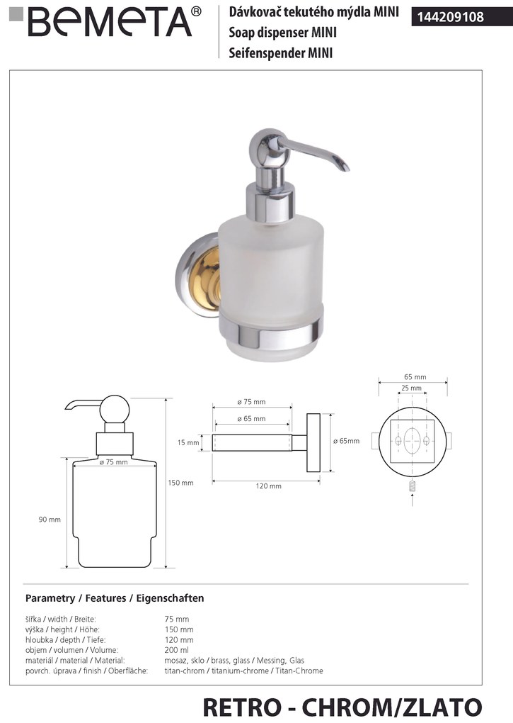 Bemeta Design RETRO gold-chrom: Dávkovač mýdla, 200 ml - 144209108