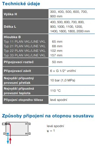 KORADO RADIK PLAN VKL deskový radiátor 21-600/800, spodní levé připojení, white RAL9016, 21060080-E0P0010