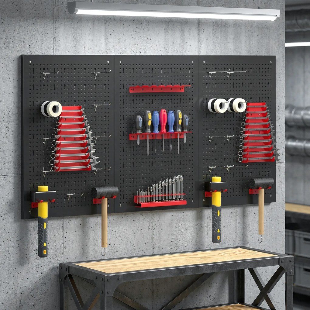 HOMCOM nástěnný pegboard 3×60 × 40 cm, 28dílný držák nářadí s háčky a přihrádkami, černá/červená