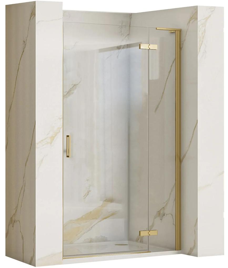 Jednokřídlé sprchové dveře REA HUGO 90 cm + stěnový profil s magnetickým těsněním, zlaté kartáčované