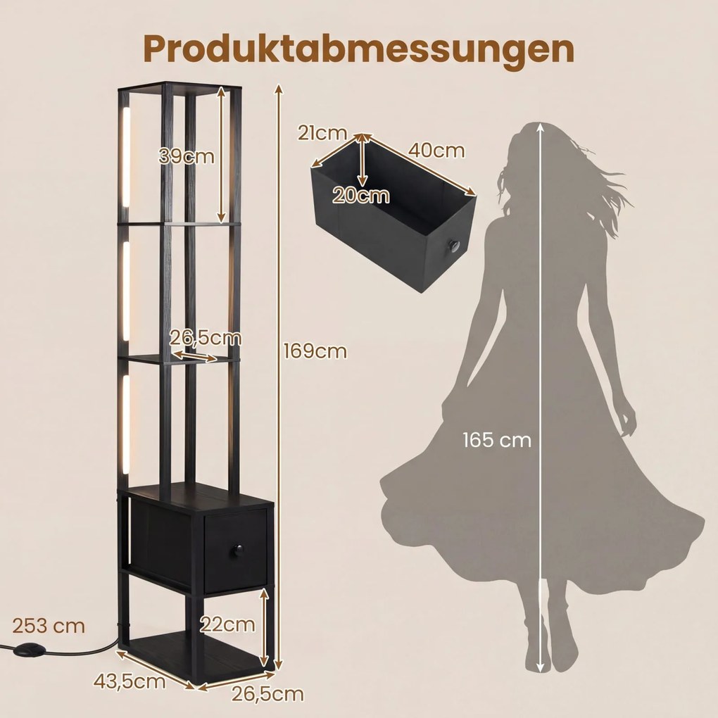 Costway Stojací lampa s nastavitelným jasem, moderní stojací lampa s odkládacím
