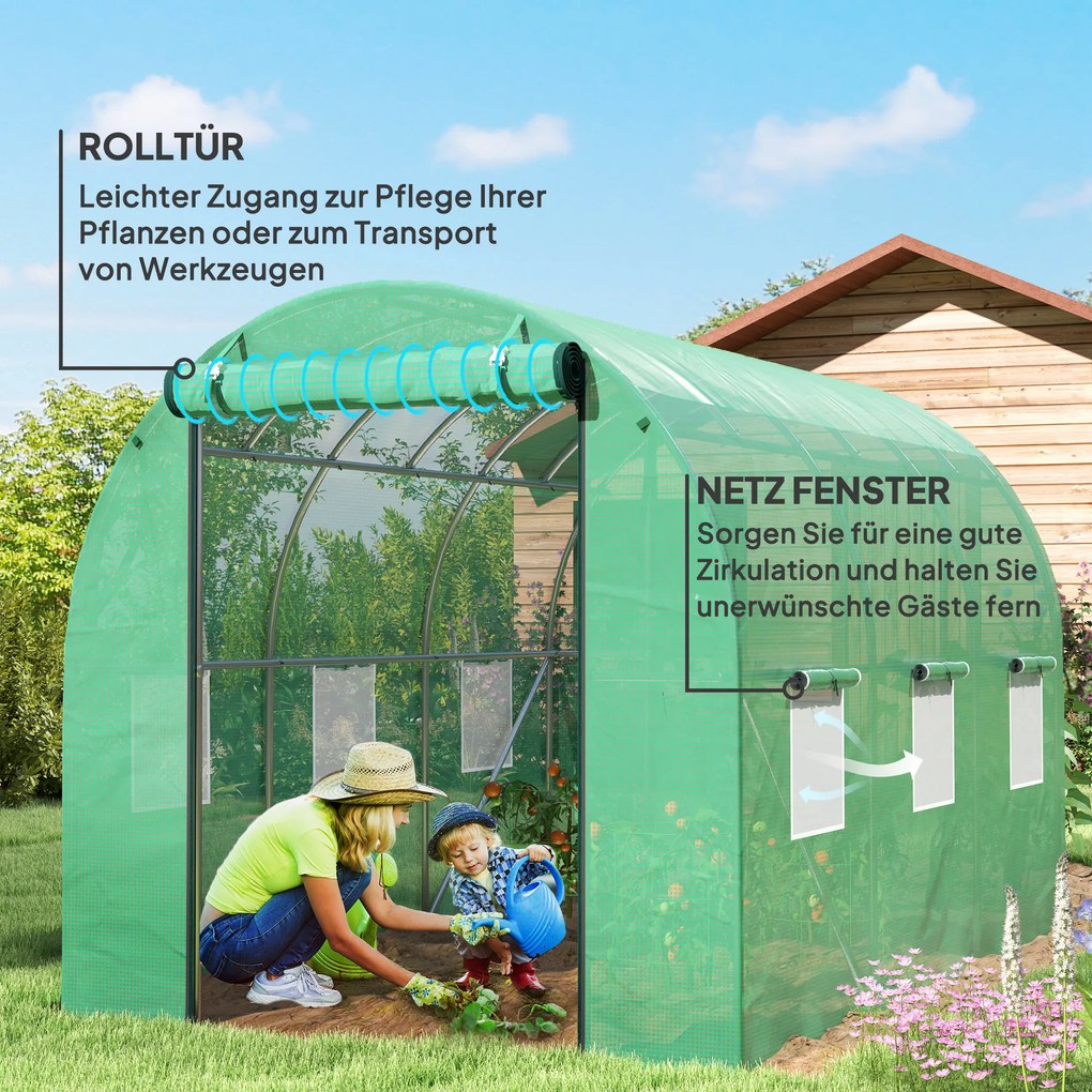 Skleník Outsunny 200x300x200cm z polyethylenu s dveřmi, 6 okny, pozinkovaným ocelovým fóliovým tunelem, 170g/m² PE, stabilní tunel na rostliny, sklen…