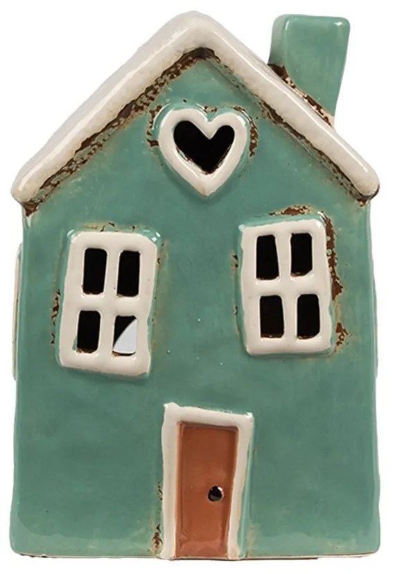 Zelený keramický svícen na čajovou svíčku domek Amster Village - 13*9*18 cm
