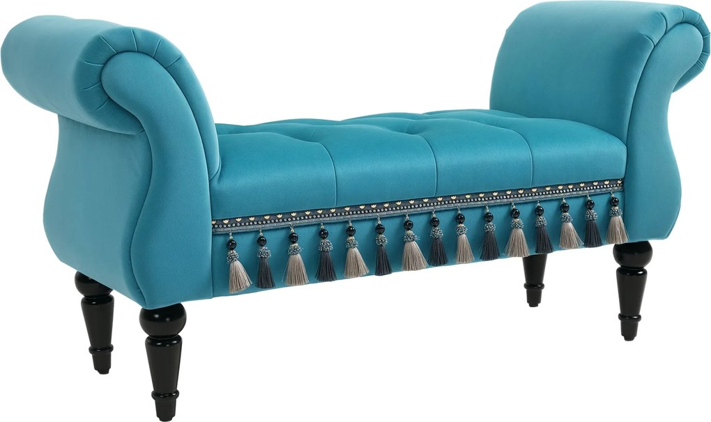 HOMCOM Čalouněná lavice, Sametový vzhled, Luxusní lavice s dřevěnými nohami, Chodní lavice do ložnice, nosnost až 150 kg, Modrá, 117 x 40 x 58 cm | Ao