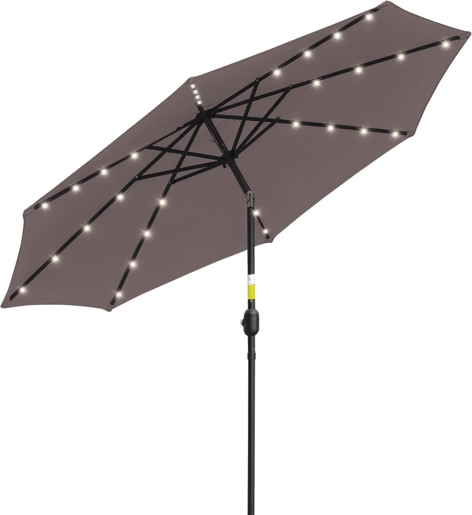 Outsunny Zahradní Slunečník Ø265 cm s 32 Solárními LED Světly, Ocelový Sloupek a Kloubový Mechanismus pro Šedou Terasu | Aosom
