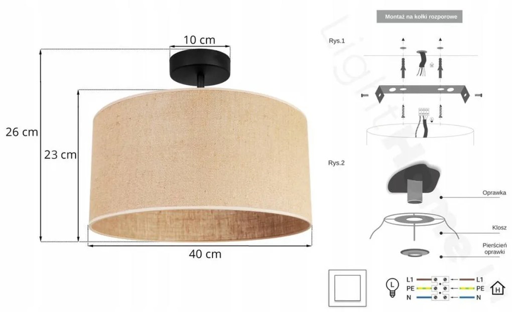 Stropní svítidlo Juta, 1x jutové stínítko, (výběr ze 2 barev konstrukce), (fi 40cm)