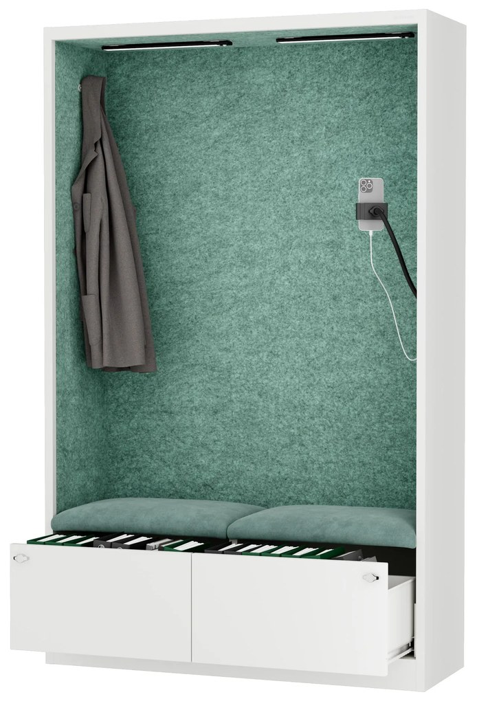 Kancelářská akustická kabina se sedátkem a USB-C portem, korpus bílý / sedák zelený, 1150 mm: SALLY MentalBox