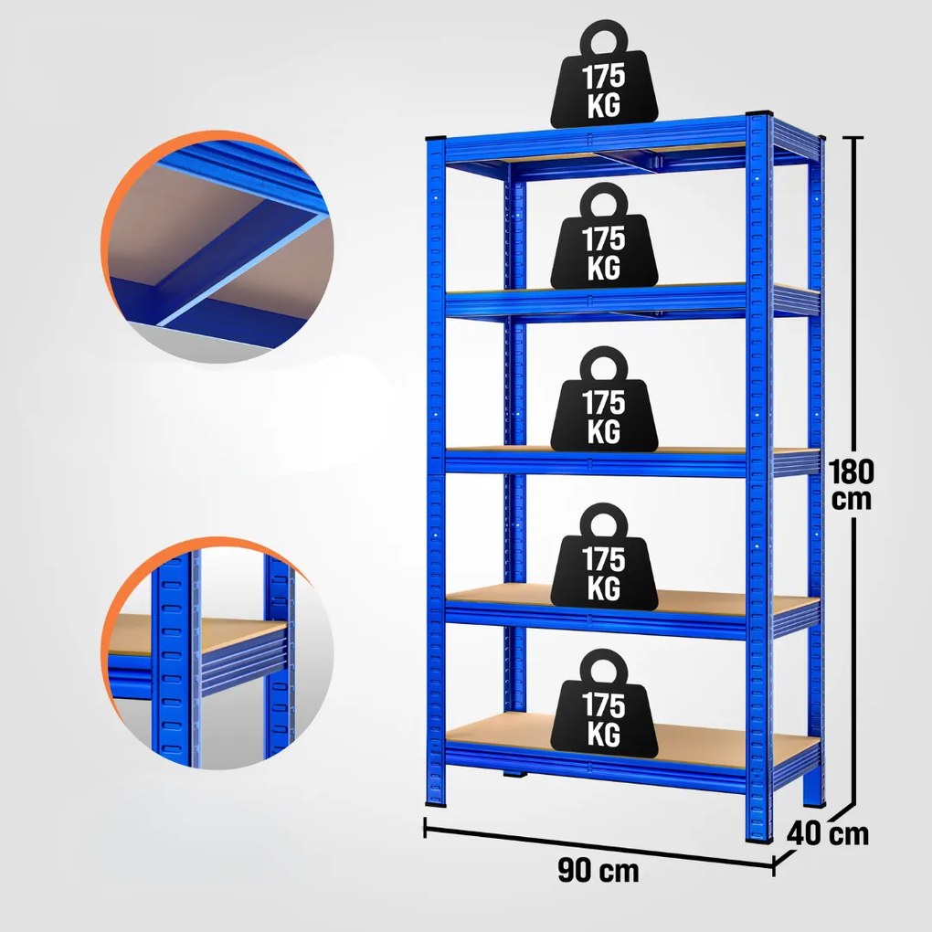 Regál s vysokou nosností HEAVY, max. 875kg, 90x40x180cm, modrá Monzana