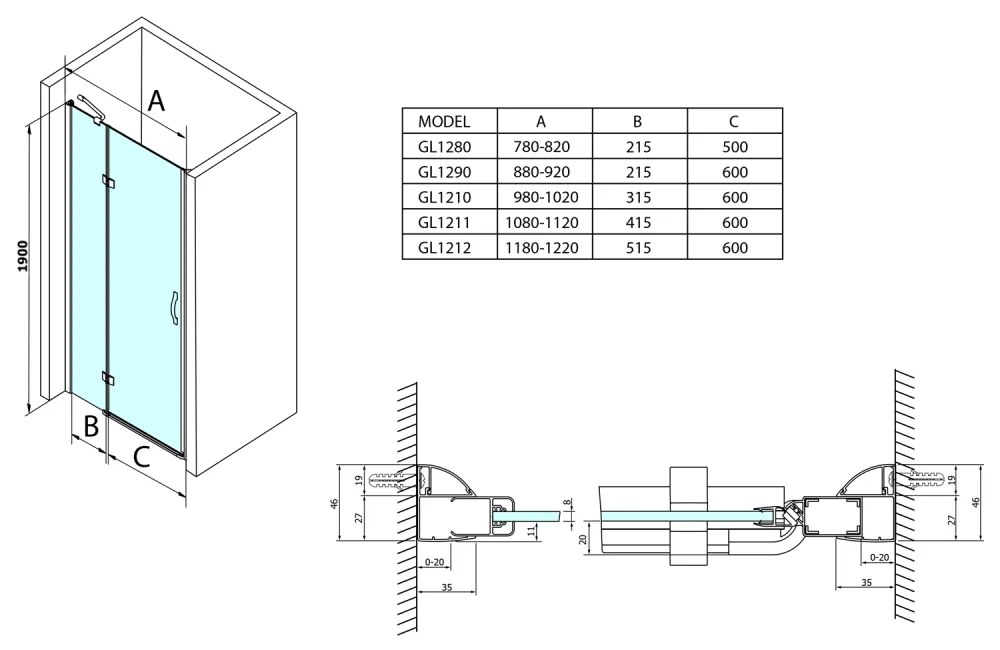 Gelco LEGRO sprchové dveře do niky 900mm, čiré sklo GL1290