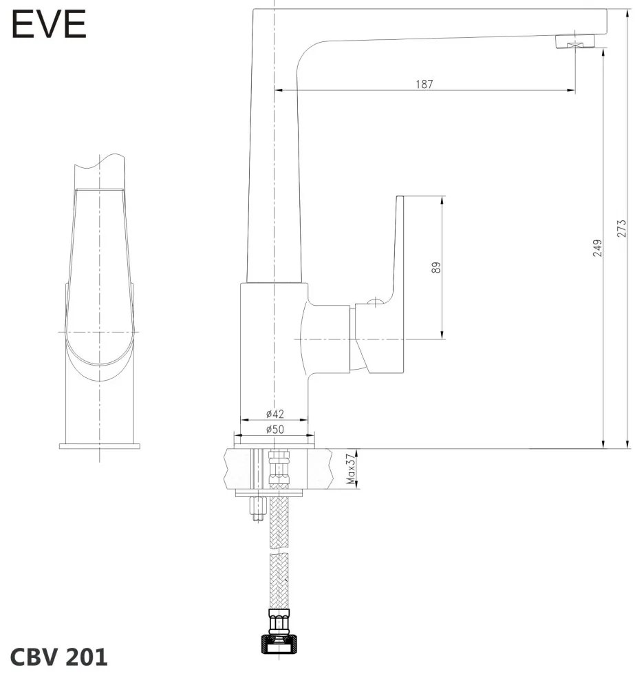 Mereo Mereo, Dřezová stojánková baterie, Eve, s plochým ramínkem nad pákou, výška 273 mm, chrom, CBV201