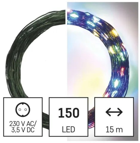 Vánoční osvětlení EMOS D3AM03 ZY1920T 150LED nano řetěz zelený 15m multicolor s časovačem