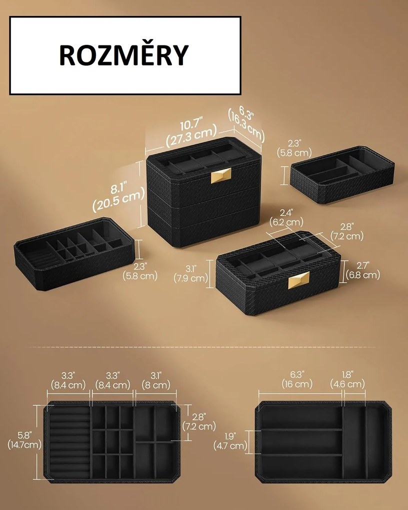 Songmics Organizér na hodinky a šperky se třemi přihrádkami, černý JWB021B01