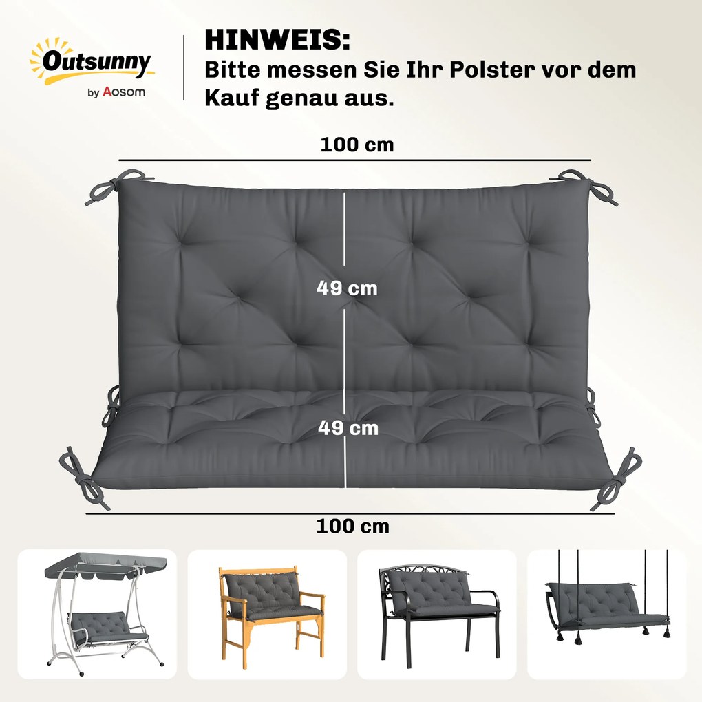 Polštář na zahradní lavičku Outsunny 100 x 98 x 8 cm, bavlněný polštář v tmavě šedé barvě, pohodlný a odolný proti povětrnostním vlivům