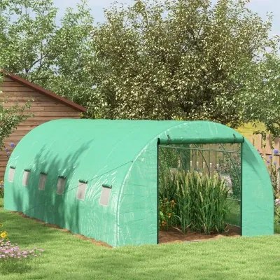 Outsunny tunelový skleník 6x3x2 m s integrovaným zavlažovacím systémem 12 síťovaných oken a 1 rolovací dveře zelená