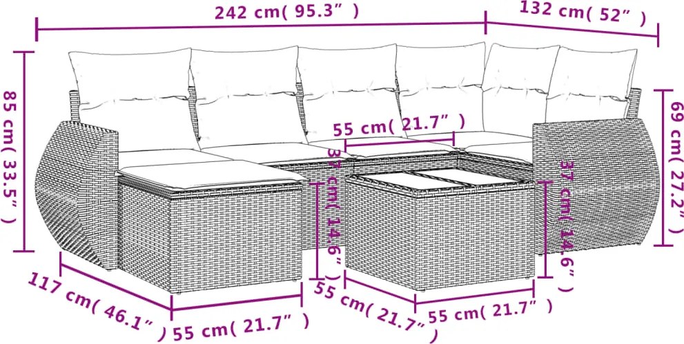 7dílná zahradní sedací souprava s poduškami černá polyratan 3254003