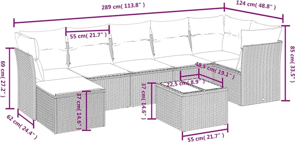 8dílná zahradní sedací souprava s poduškami černá polyratan 3263201