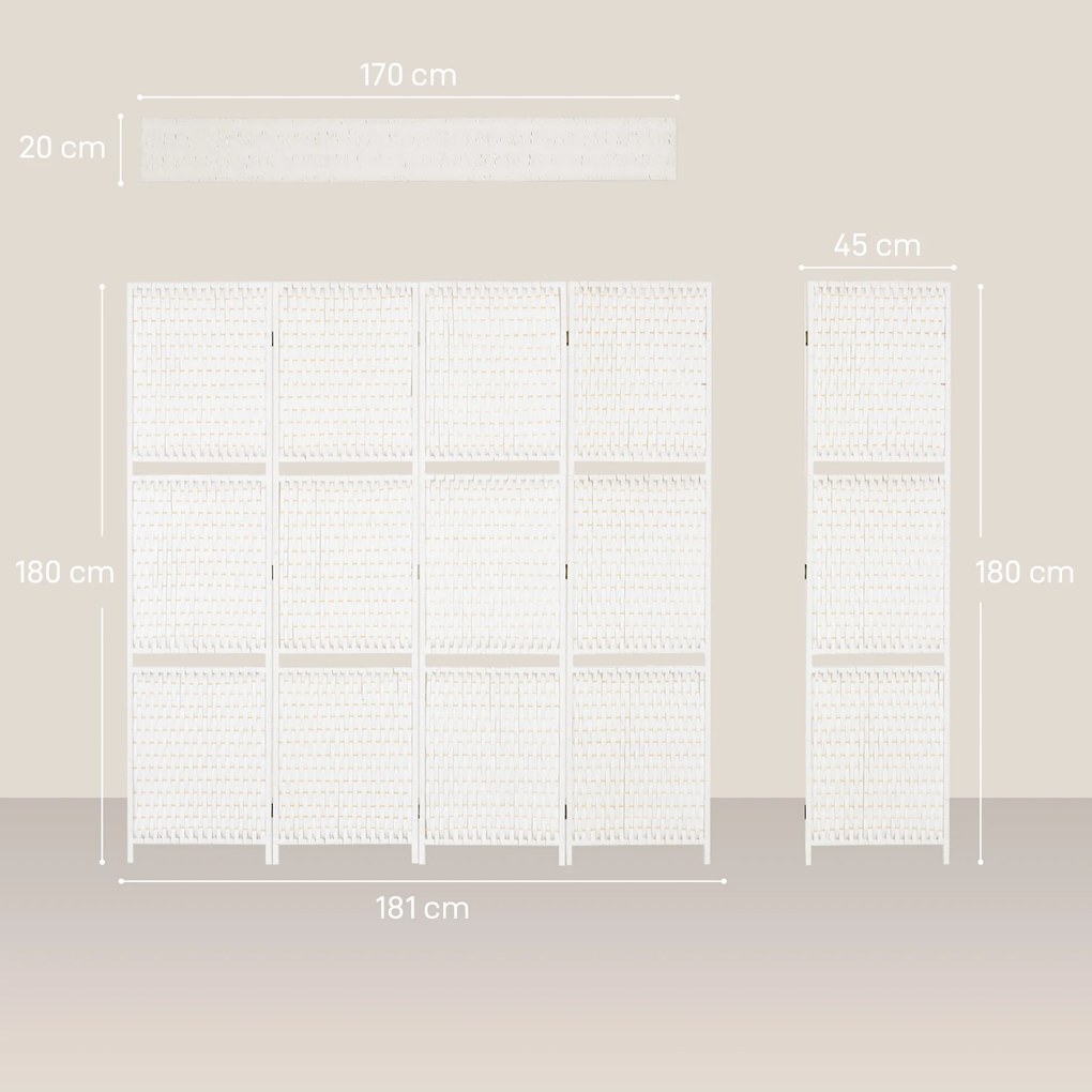 HOMCOM Skládací paraván se 4 panely 181x180 cm s policemi, dekorativní oddělovací příčka do ložnice, obývacího pokoje, kuchyně - Bílá