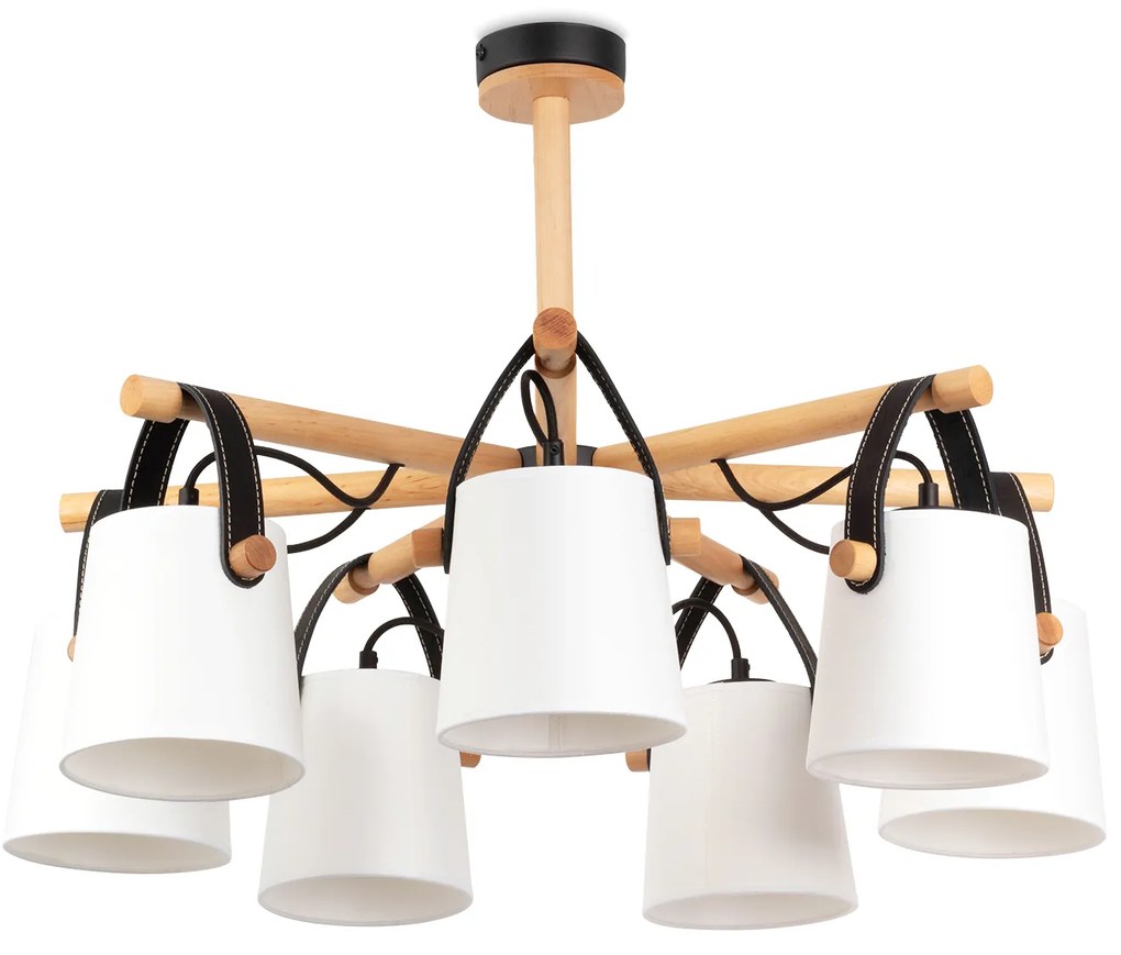 Light for home - Lustr na tyči z dřevěnými prvky a koženými řemínkami, stínítkami v bílém provedení 60407 "RIONI", 7x40W, E27, černá, přírodní olše, černá kůže