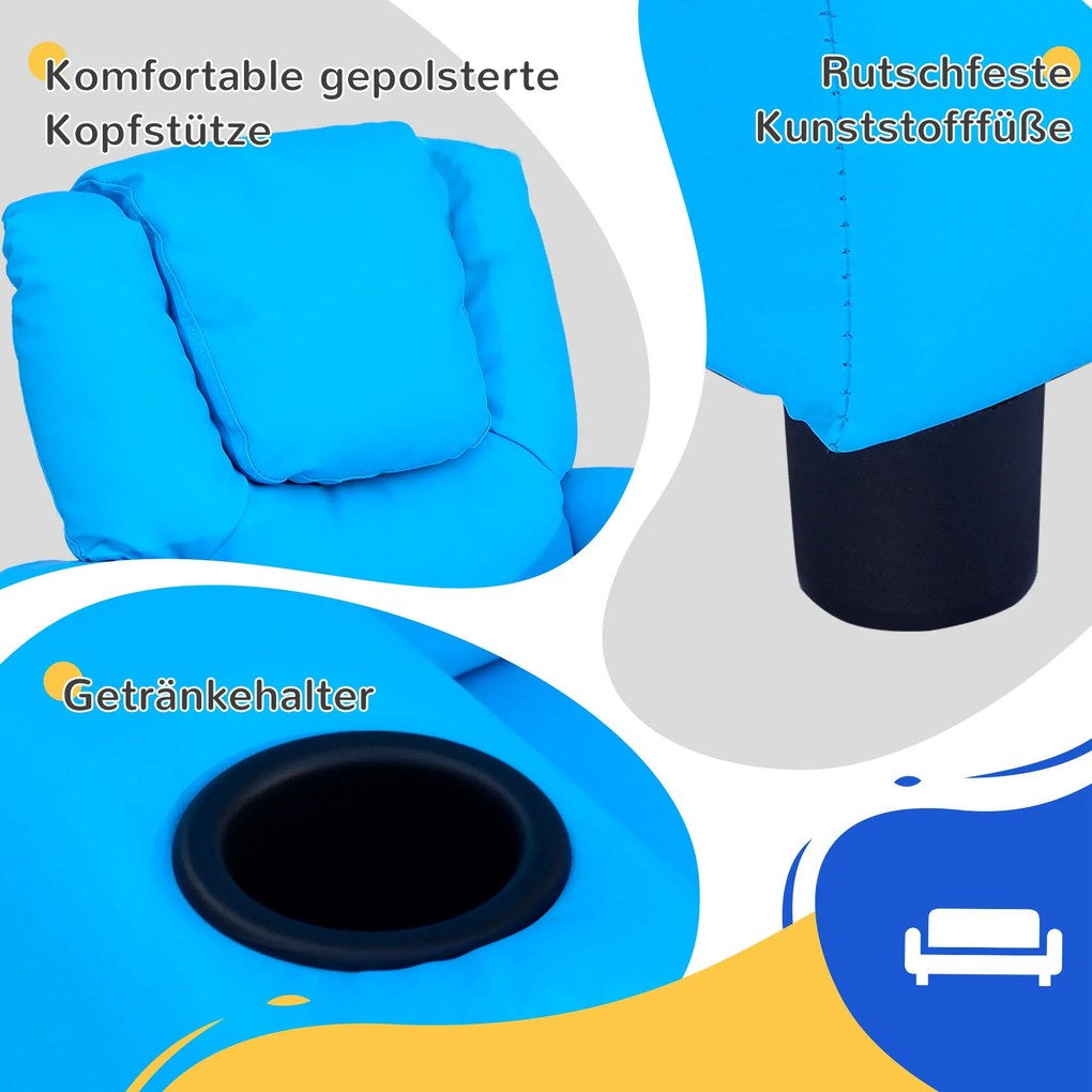HOMCOM Dětské křeslo s funkcí polohování Mini pohovka pro děti 3-6 let Modrá s držákem na nápoje 62x52x69cm ideální do dětských pokojů