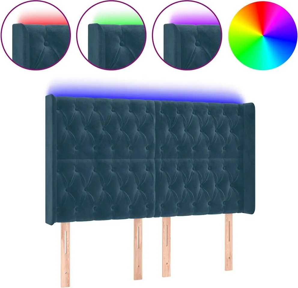 Čelo postele s LED tmavě modré 147 x 16 x 118/128 cm samet 3124436
