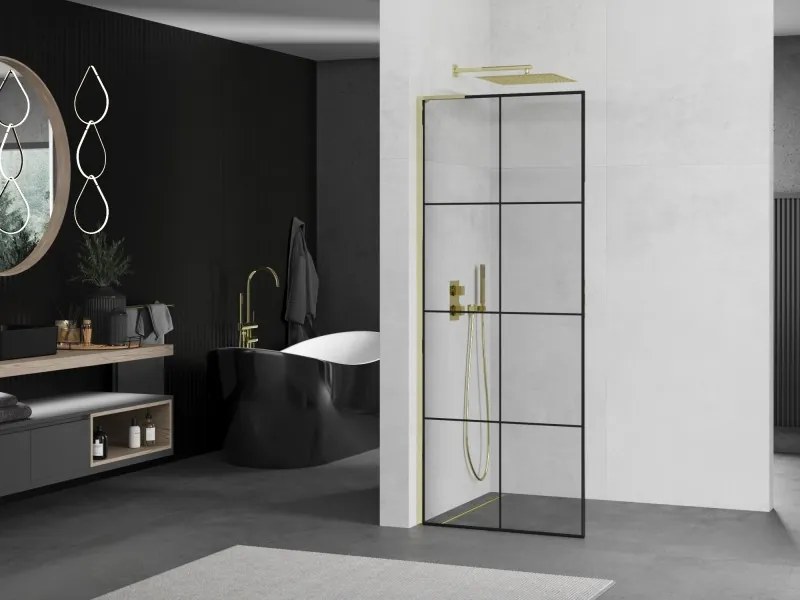 Mexen Kioto L, sprchová zástěna Walk-In 80 x 200 cm, 8mm čiré sklo černý vzor, zlatý lesklý profil, 800-080-103-50-77