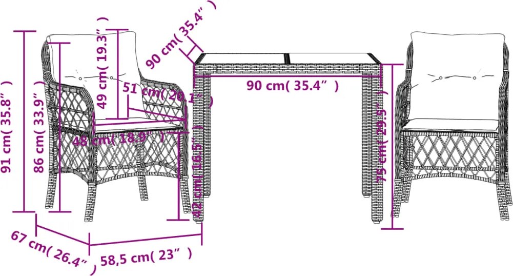 3dílný bistro set s poduškami černý polyratan 3212024