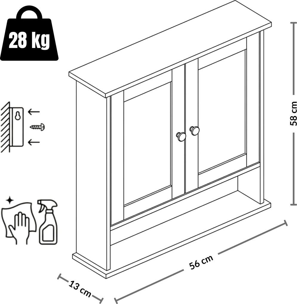 Závěsná koupelnová skříňka se zrcadlem LUMA, 56 x 13 x 58 cm