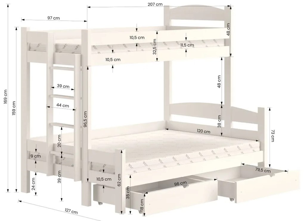 postel patrová s zásuvkami Lovic levá - Borovice, 90x200/120x200