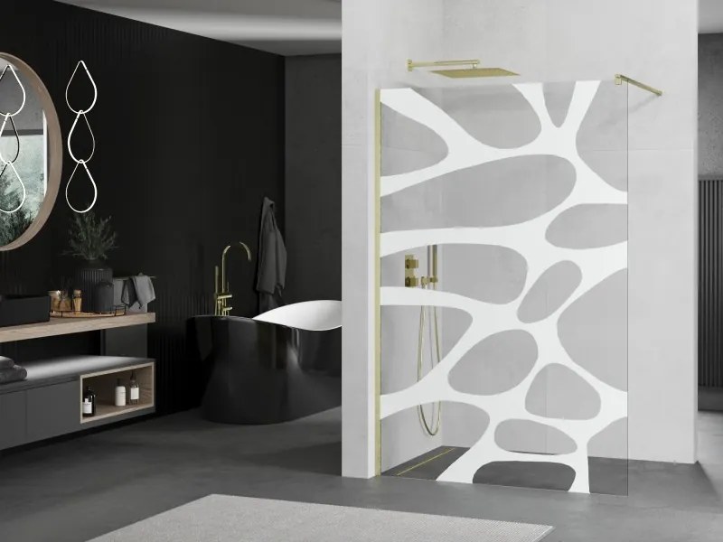 Mexen Kioto, sprchová zástěna Walk-In 70 x 200 cm, 8mm čiré sklo bílý vzor, zlatý matný profil, 800-070-101-55-97