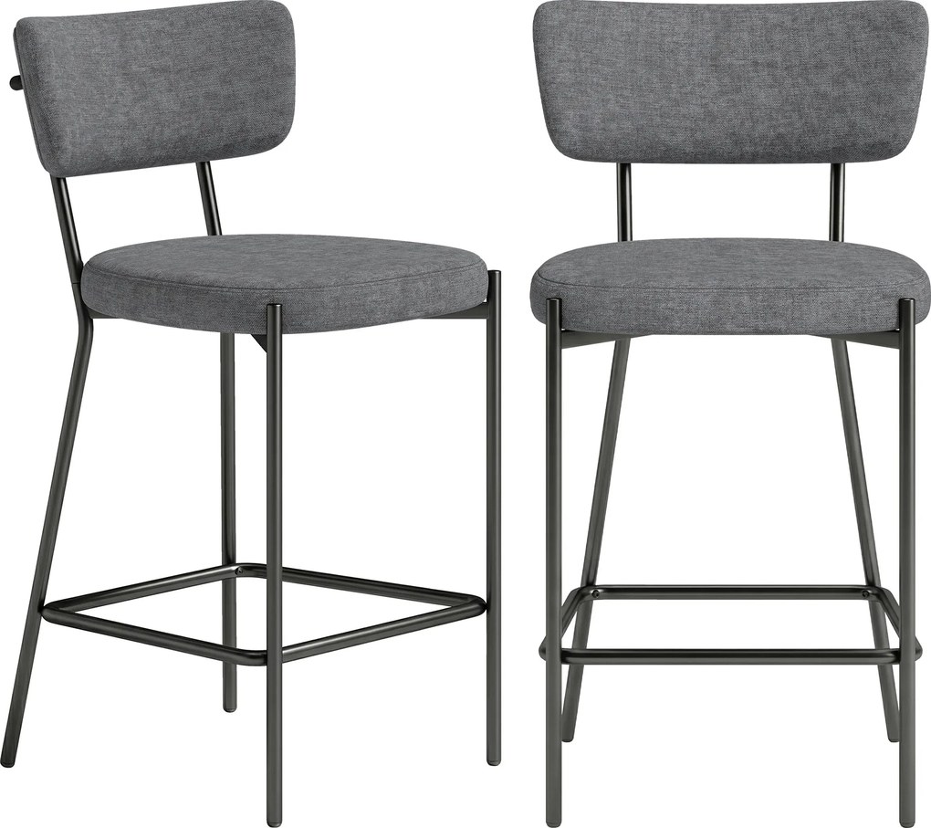 HOMCOM sada 2 barových stoliček — čalouněné, zakřivené opěradlo, opěrka na nohy, kovový rám, vzhled lnu, výška sedáku 63 cm, šedé