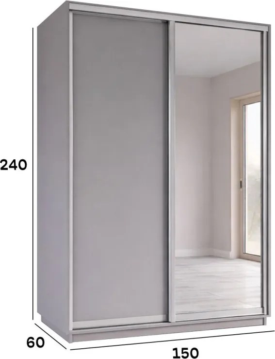 Skříň s posuvnými dveřmi 1500x2400x600 1LTD 1 Zrcadlo myší šedá, profil stříbrný