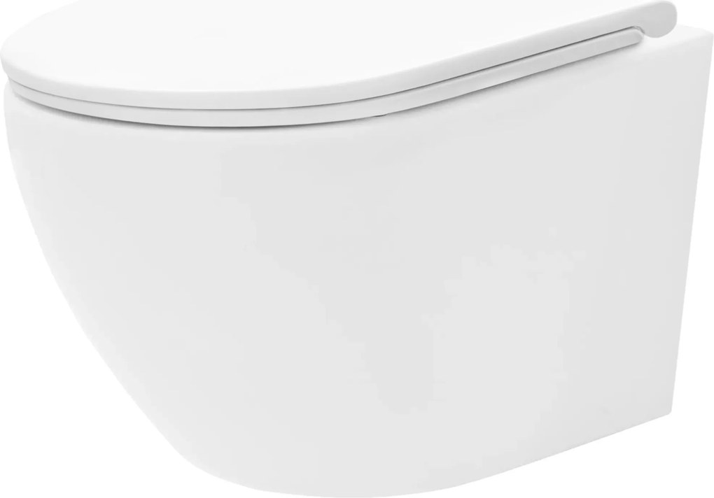 Rea Carlo Mini, závěsná záchodová mísa Tornado Rimless 485x365x350 mm + WC sedátko, bílá lesklá, REA-C8770