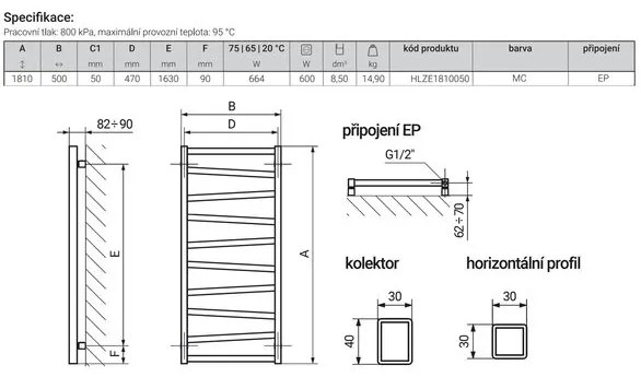 House Level Zet HLZE1810050MCEP Radiátor elektrický 181x50 cm, tyč GT vpravo, metalická černá