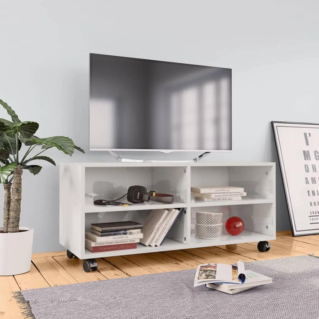 800186 vidaXL TV stolek s kolečky bílý vysoký lesk 90x35x35 cm dřevotříska
