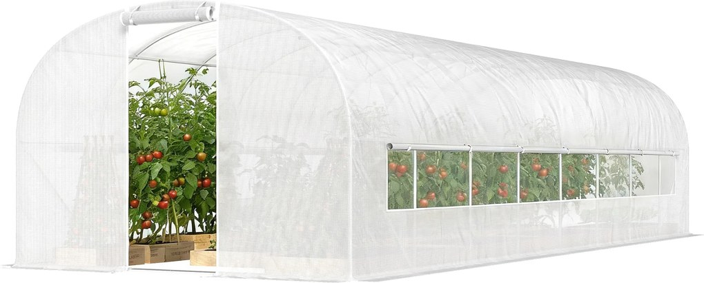 Outsunny tunelový skleník 24 m² — pozinkovaný ocelový rám, rolovací dveře a 2 velká síťovaná okna, plachta 140 g/m², bílá | Aosom