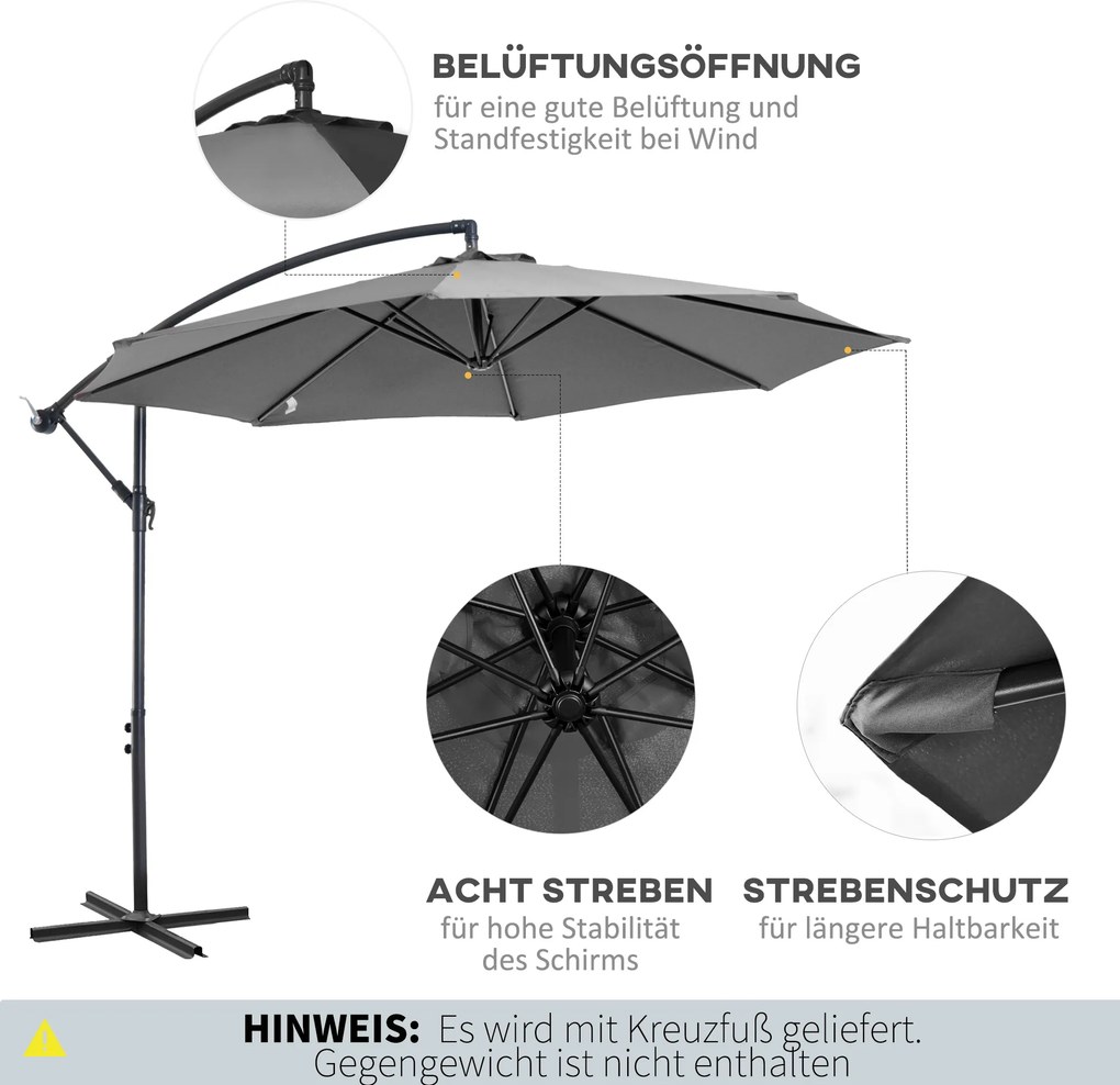 Outsunny slunečník na kliku s ocelovou konstrukcí a polyesterovou tkaninou šedý Ø2,95x2,45m na zahradu terasu balkon |