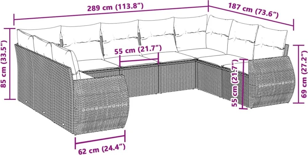 9dílná zahradní sedací souprava a podušky světle šedá polyratan 3221801