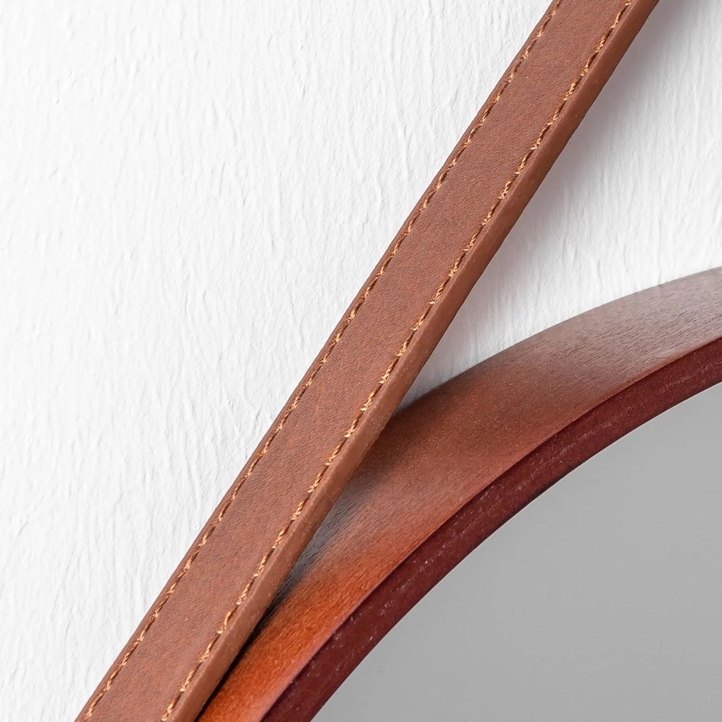 Rea - Tutumi LOFT, Kulaté dřevěné zrcadlo na pásku 50 cm, tmavá hnědá, HOM-06325