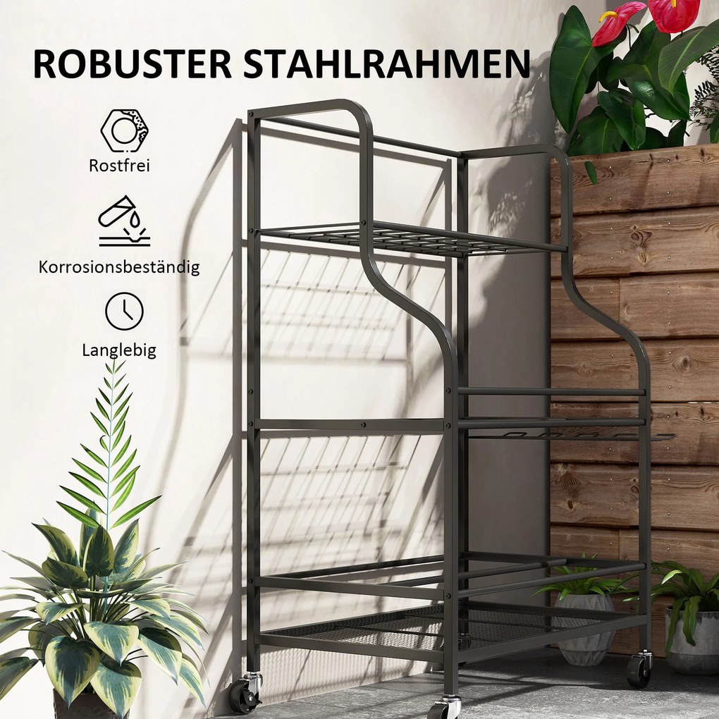 Organizér na zahradní nářadí 3-patrový stojan na zahradní nářadí s háky do 40 kg zátěže 77x40x97cm černý