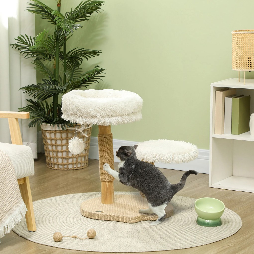 PawHut škrabadlo 61,5 cm vysoké Škrabadlo pro kočky s míčkem na hraní, pelíšky, věž pro kočky se škrabací deskou, pro kočky do 5 kg, hruškové dřevo, …