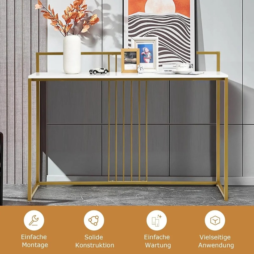 Costway Moderní stolek do předsíně 120 cm s mramorovým vzhledem a zlatým kovovým