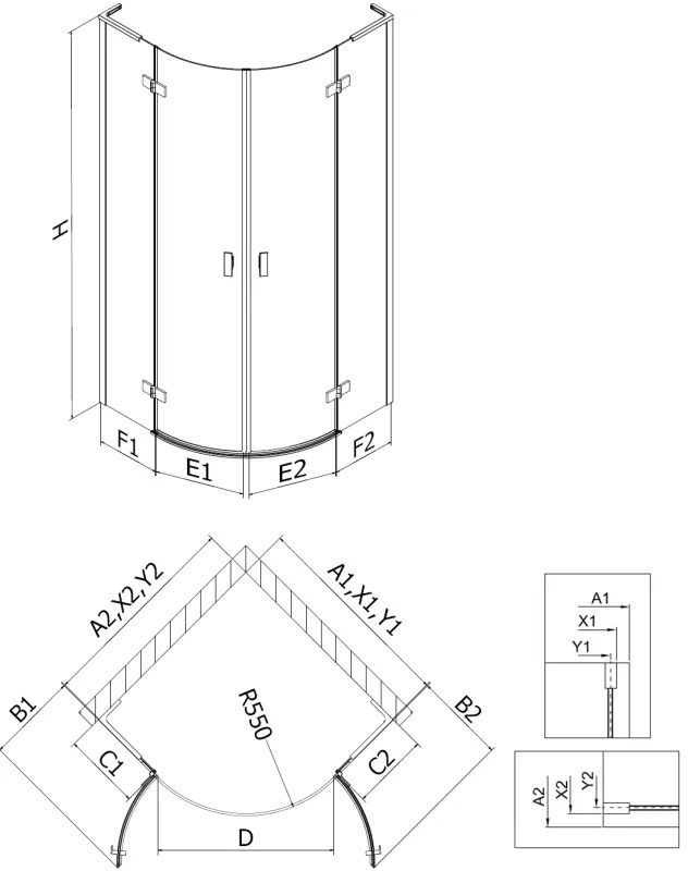 Mexen Mist L, půlkruhový výklopný sprchový kout 100 x 100 cm, čiré sklo, černý profil, 8A33L-100-100-70-00