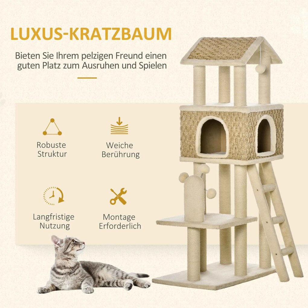 PawHut škrabadlo velký kočičí strom 130 cm, s jeskyní pro kočky a míčky na hraní, jutové kmeny, khaki+béžová, dřevotřískový plyš
