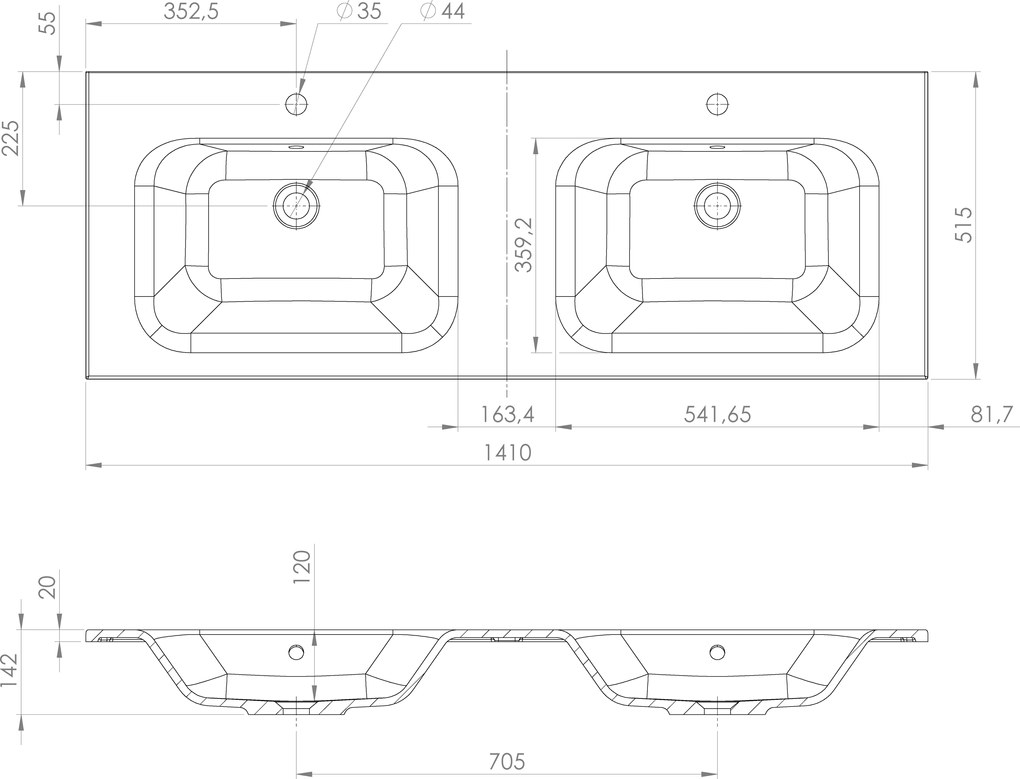 Sapho Sapho, ARECA dvojumyvadlo 141x51,5cm, litý mramor, bílá, AC141
