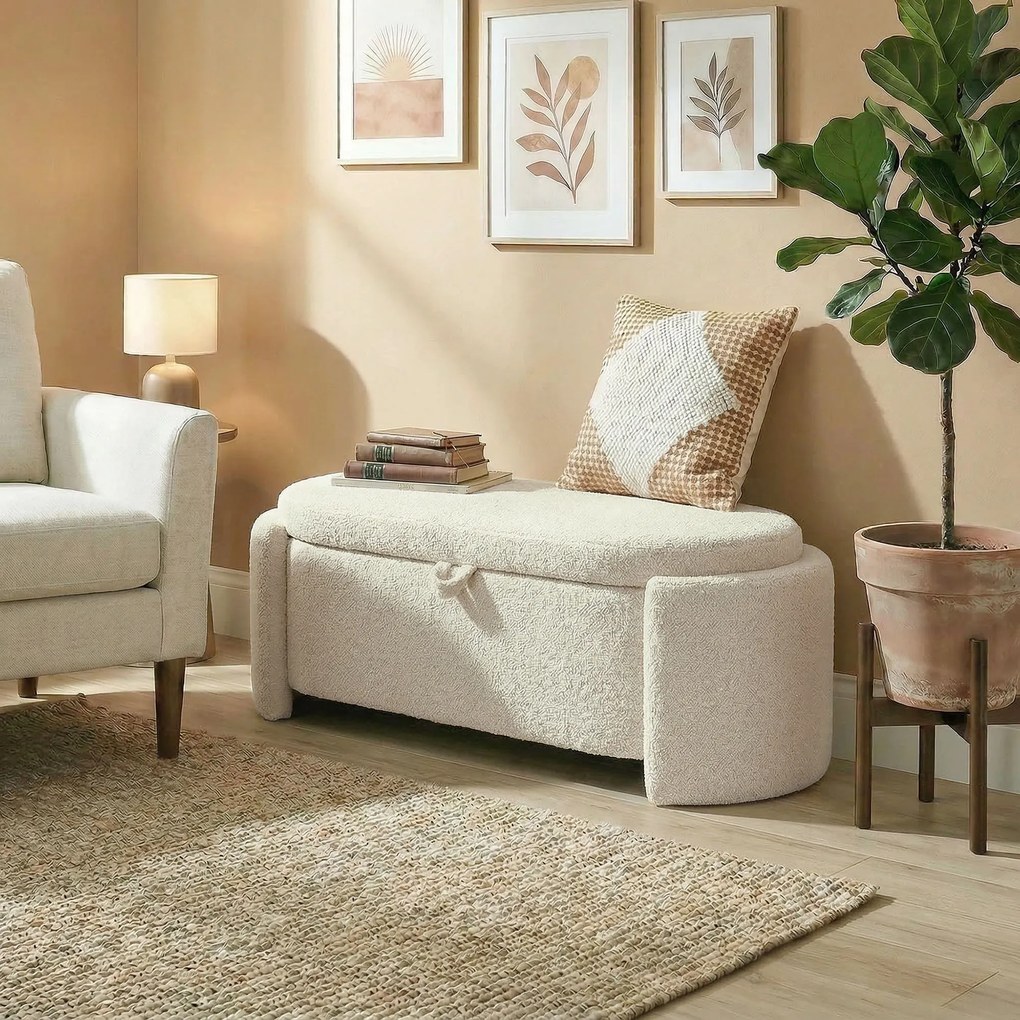 HOMCOM úložná lavice, oválný podnožník k posteli v teddy fleecu s širokým sedátkem, 129 x 48,5 x 44 cm, krémová