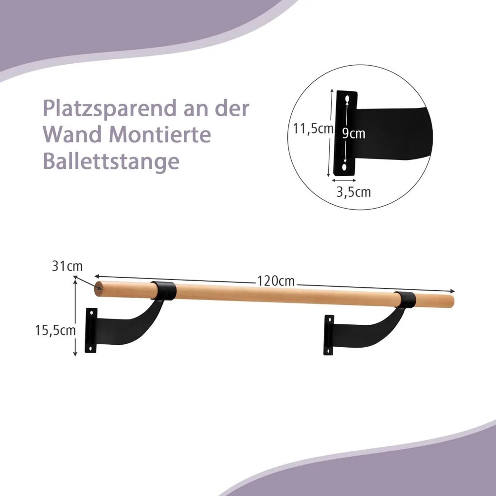 Costway 120 cm dlouhá taneční tyč Nástěnná baletní tyč s pevnou