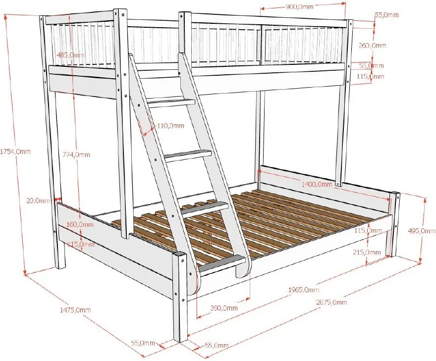 Bílá patrová dětská postel z bukového dřeva s roštem 140x200/90x200 cm Forrest – Vipack