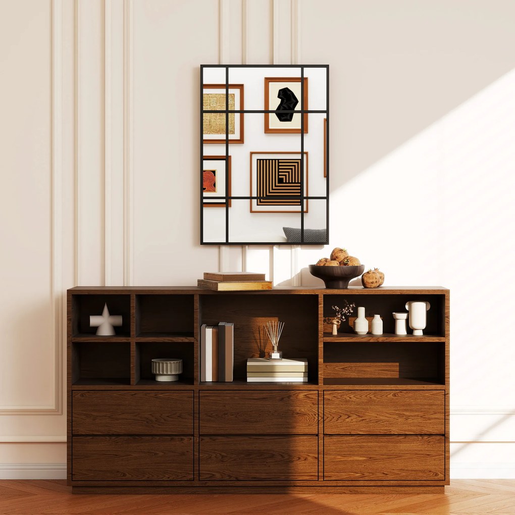 HOMCOM obdélné nástěnné zrcadlo 70 × 50 cm — černý kovový rám ve stylu okna, dekorativní zrcadlo do obýváku, ložnice a předsíně